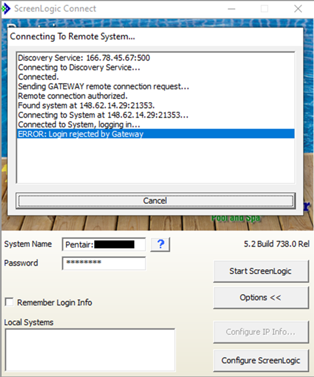 Why does my ScreenLogic2 app say “Login Rejected by Gateway”?
